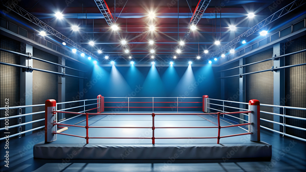 brightly lit boxing ring, ready for a championship fight. An empty ...