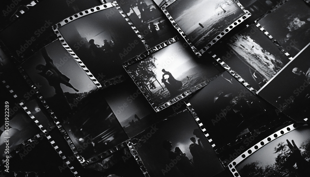 Overlapping frames of black-and-white film strips, showing scenes from ...