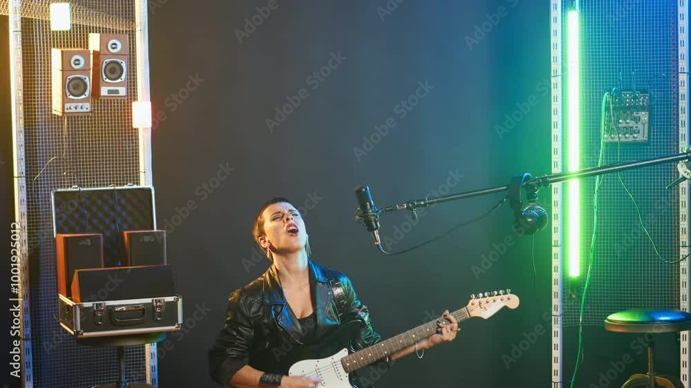 Superstar girl with an electric guitar rocks out in a live show, the ...