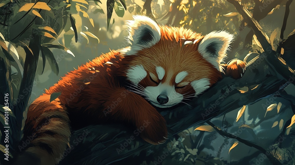 Adorable red panda resting on a tree branch in a lush forest. The red ...