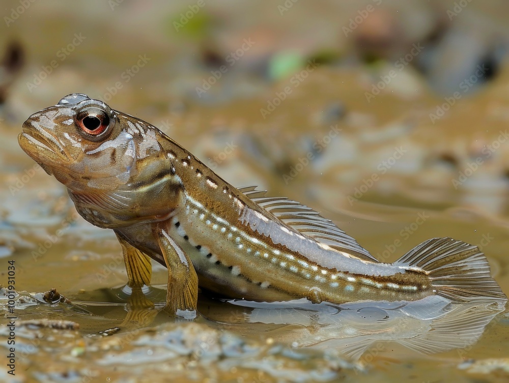 Detailed mudskipper with spotted body on sandy surface, amphibious fish ...
