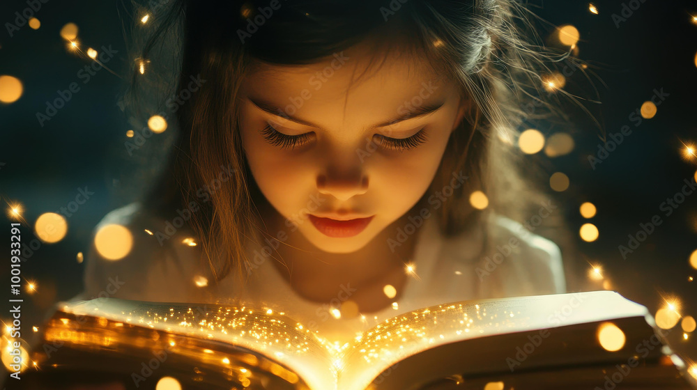 A girl beams with joy as she discovers a magical book, light spilling ...