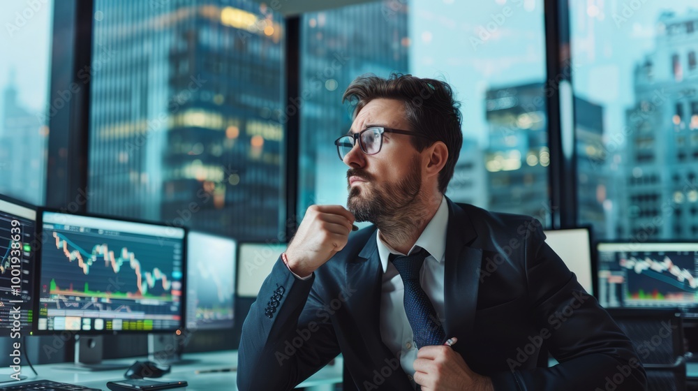 Frustrated businessman sitting at his desk, pulling at his tie while ...