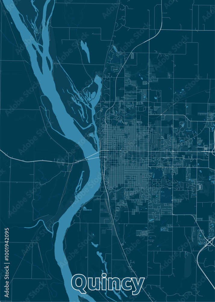 Detailed map of Quincy, a city in Illinois, USA. The map is rendered in ...