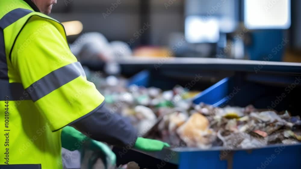 Waste processing worker wearing a high visibility vest and gloves is ...
