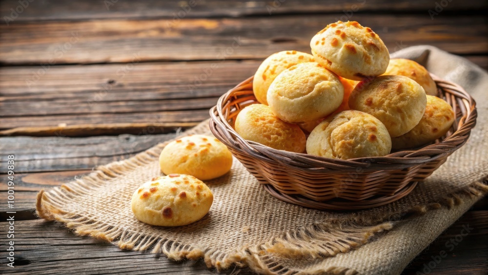 South American cheese buns, known as Chipas, displayed on a rustic ...