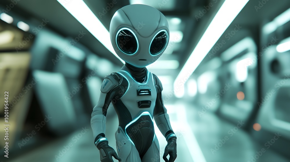17. Alien figure with large eyes and a glowing suit standing in a space ...
