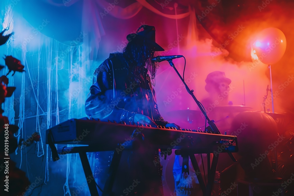 Musician playing keyboard on stage with dramatic lighting and fog ...