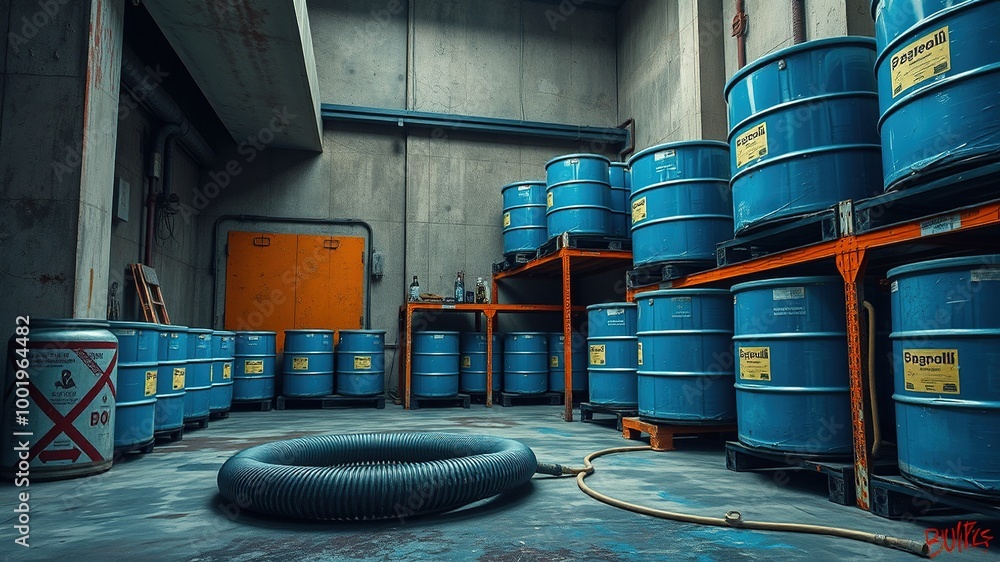 A industrial pool chemical storage room with large blue drums, rusted ...