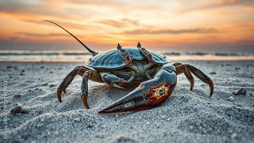 Ancient, armored horseshoe crab perches on beachy sand, its pointed ...