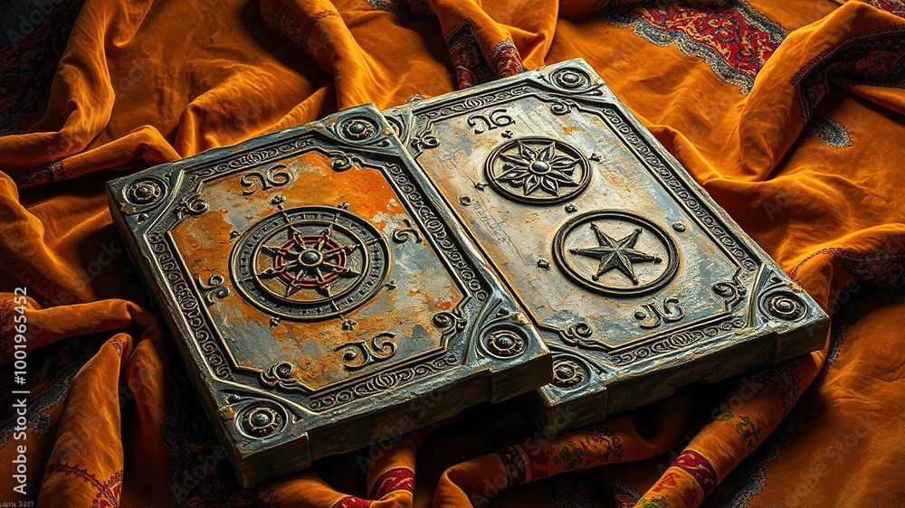 Ancient worn stone tablets adorned with intricate carvings and ...