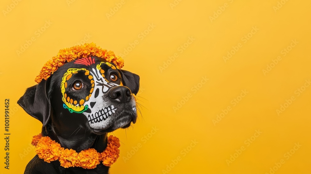 Dog dressed as a sugar skull with vibrant face paint and marigold ...