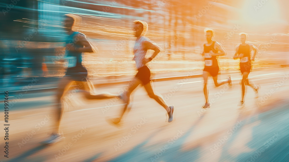 Dynamic group of athletes running in motion blur during a marathon race ...