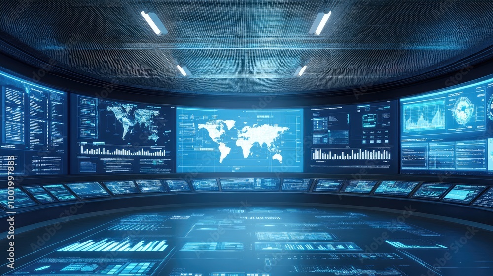 Control room with large screens displaying logistics data and shipment ...