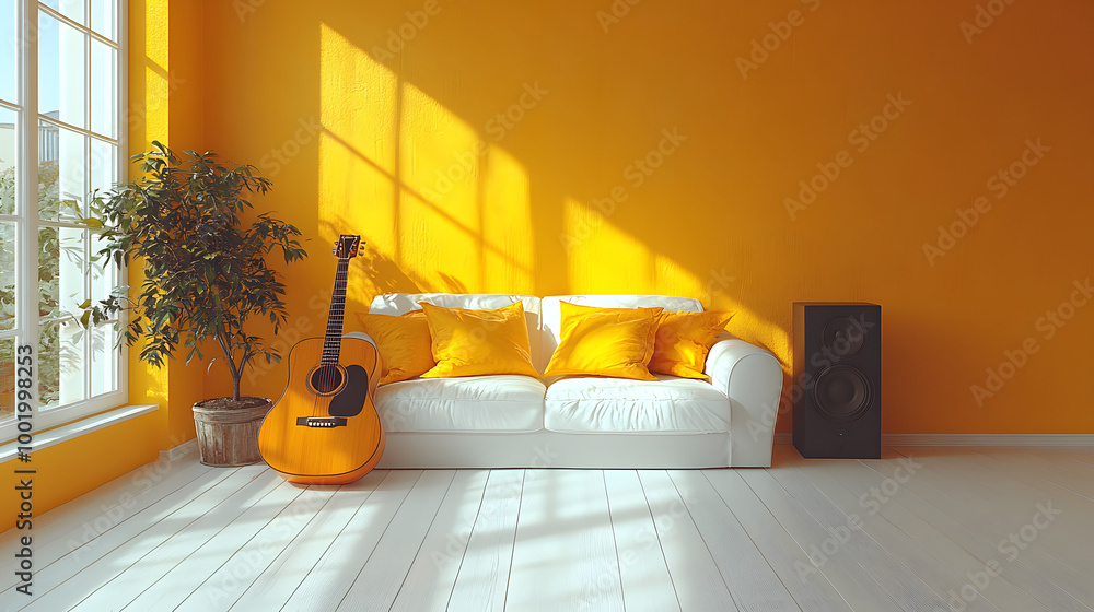 Vibrant Yellow Music Room with a Guitar-Shaped Sofa, Vintage Music Box ...