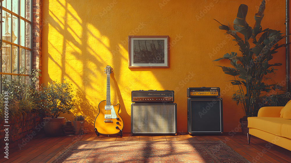 Vibrant Yellow Music Room with a Guitar-Shaped Sofa, Vintage Music Box ...