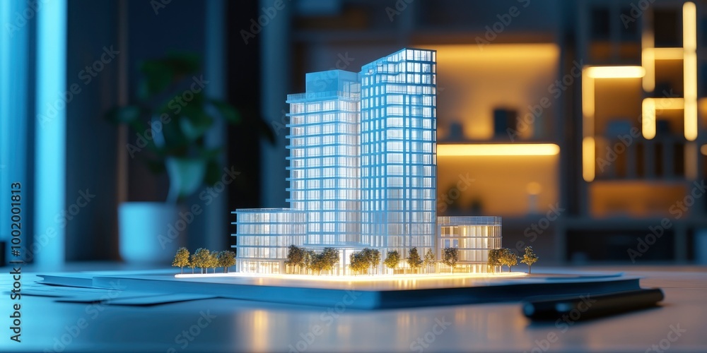 On a table in a real estate agency, a small scale model of a skyscraper ...
