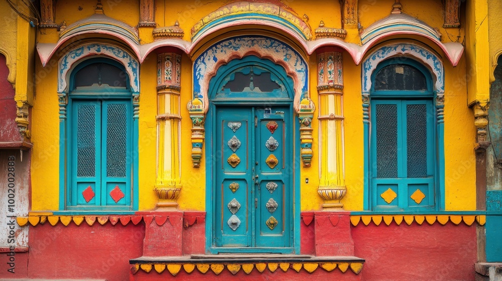 Brightly colored facade of a traditional Indian Haveli, showcasing rich ...