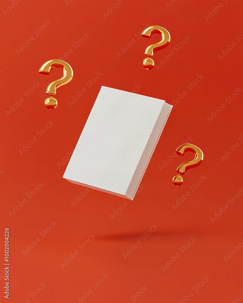 A blank white book with golden question marks floating around it. What ...