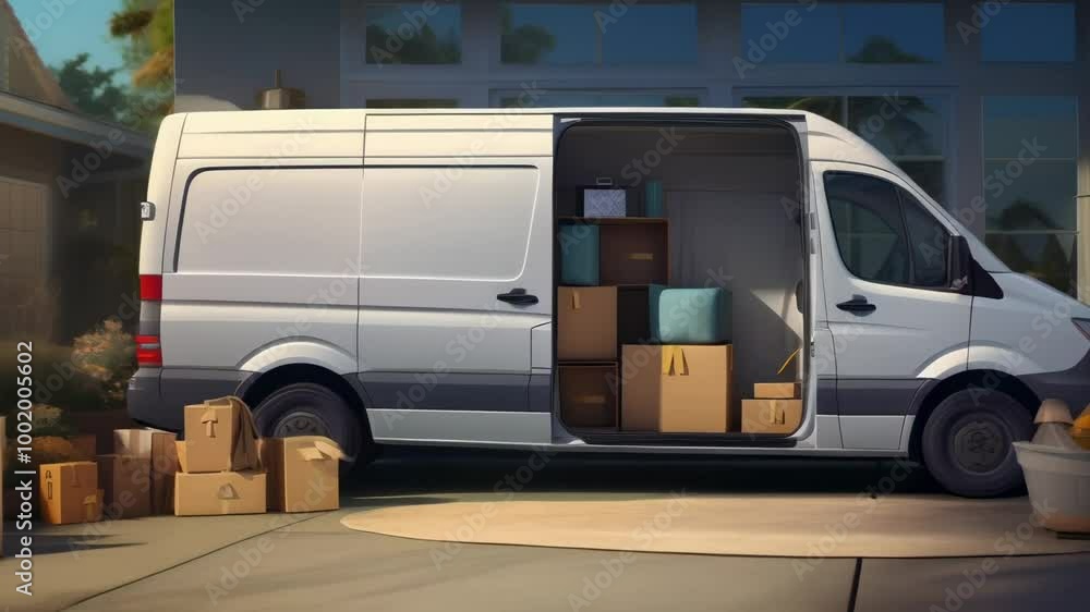 White delivery van parked in a suburban driveway, filled with moving ...