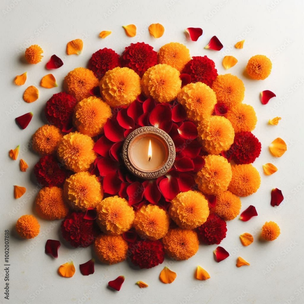 Using marigold or zendu flowers and red rose petals, a flower rangoli ...