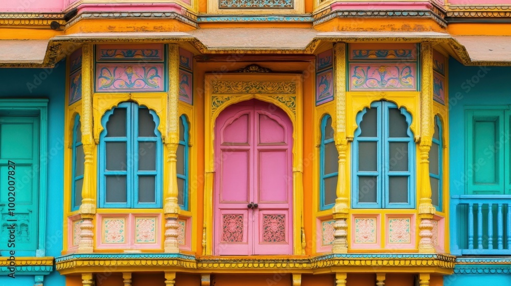Lively and colorful exterior of a traditional Indian Haveli Reflecting ...