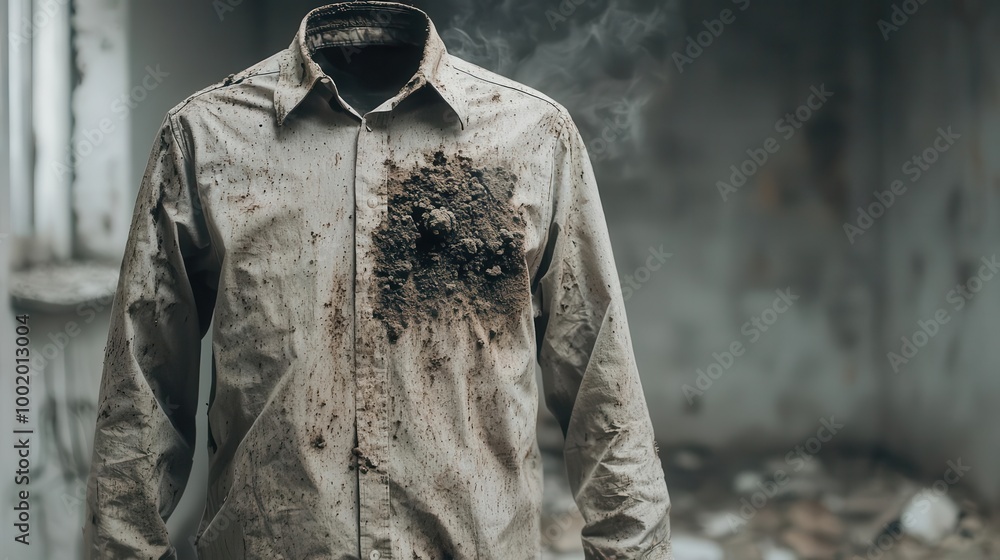 Shirt covered in dust and mold spores, found in a decaying wardrobe ...