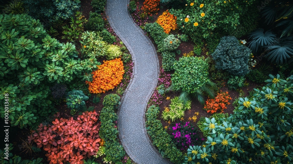 A circular pathway cutting through a rich botanical garden, bordered by ...