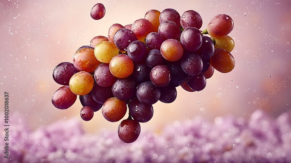 A single cluster of purple grapes suspended mid-air, with individual ...