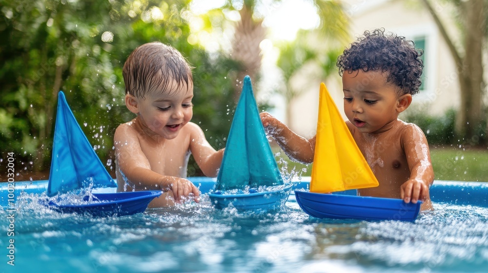 Toddlers joyfully splash and guide vibrant toy sailboats in a shallow ...