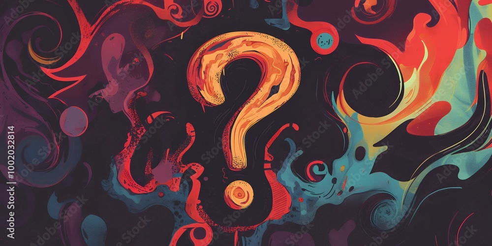 A large question mark sits against a background of swirling, vibrant ...