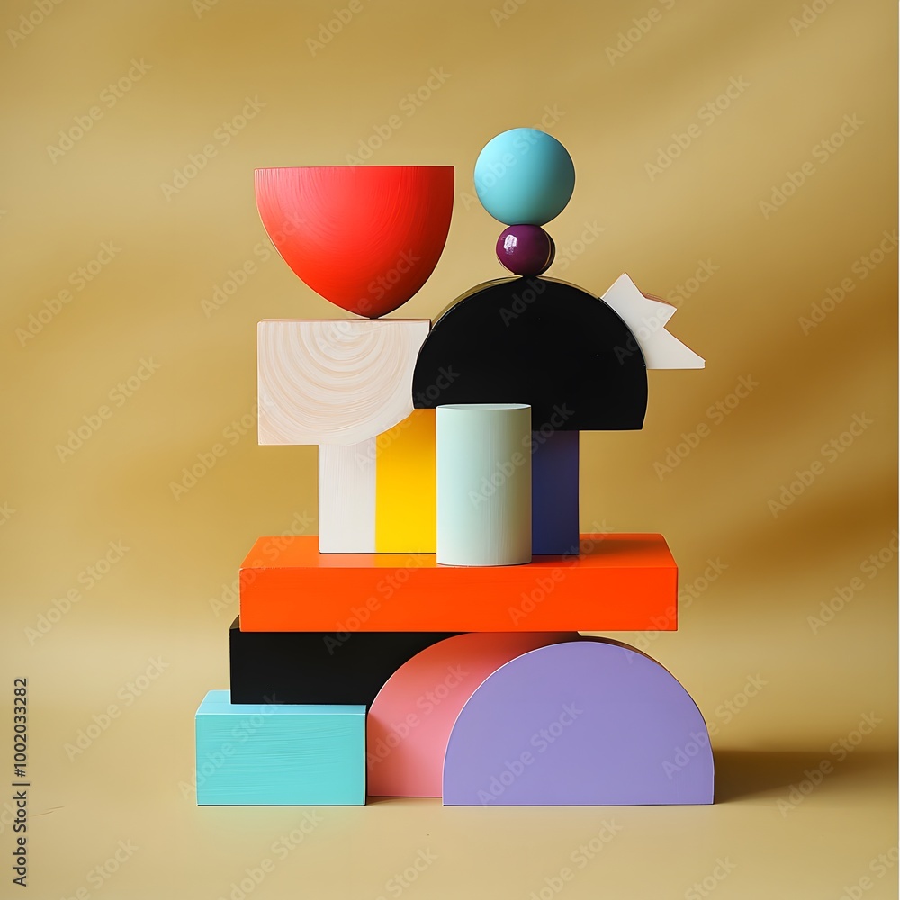 31. Geometric art toy figure with bold primary colors and smooth ...
