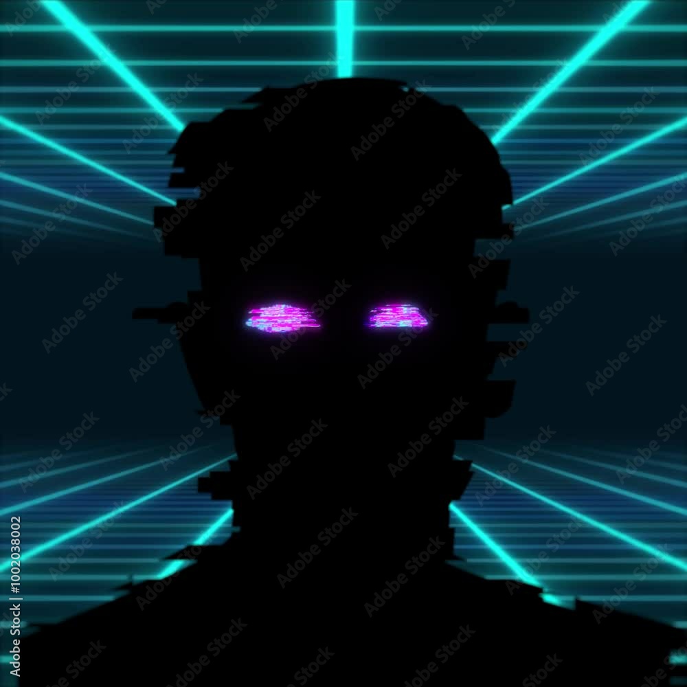 Glitch art. Glitch silhouette of man with noise glitchy eyes on blue ...