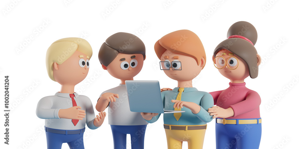 Group of cartoon characters collaborating on a laptop, isolated on ...