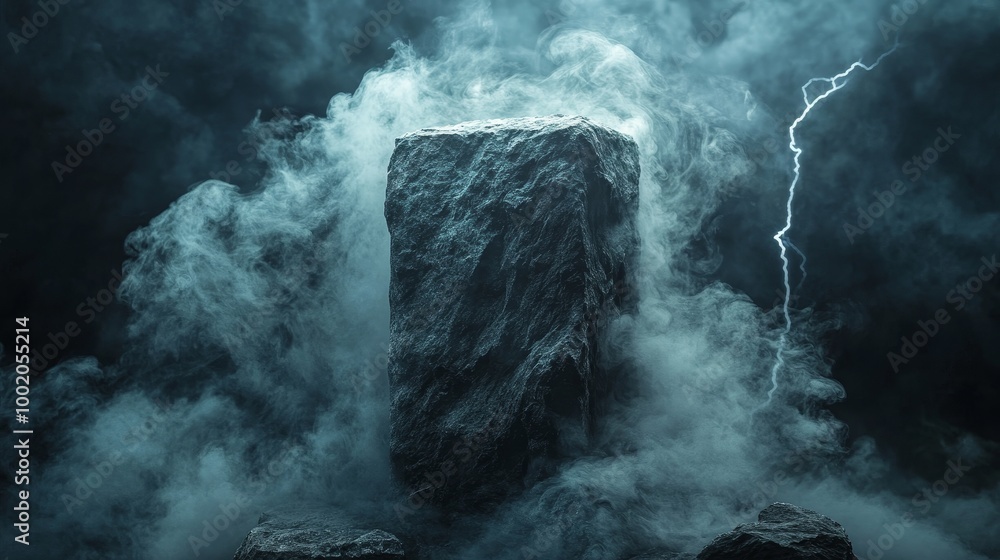 Swirling ethereal smoke around a rugged stone podium, interrupted by ...