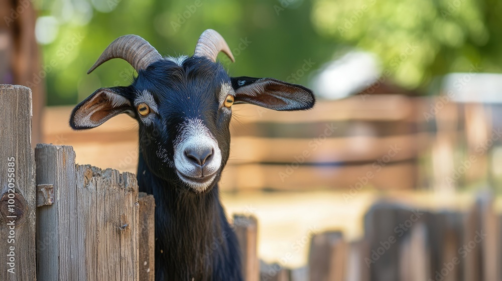 An Anglo-Nubian goat standing by a wooden fence in a traditional ...