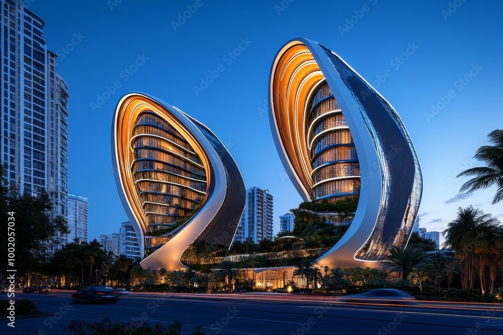 Futuristic urban architecture, featuring smart buildings with glowing ...