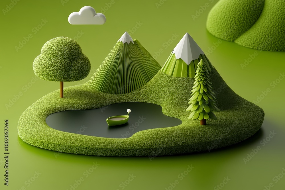 Geometric mountain and lake composition, using simple shapes to depict ...