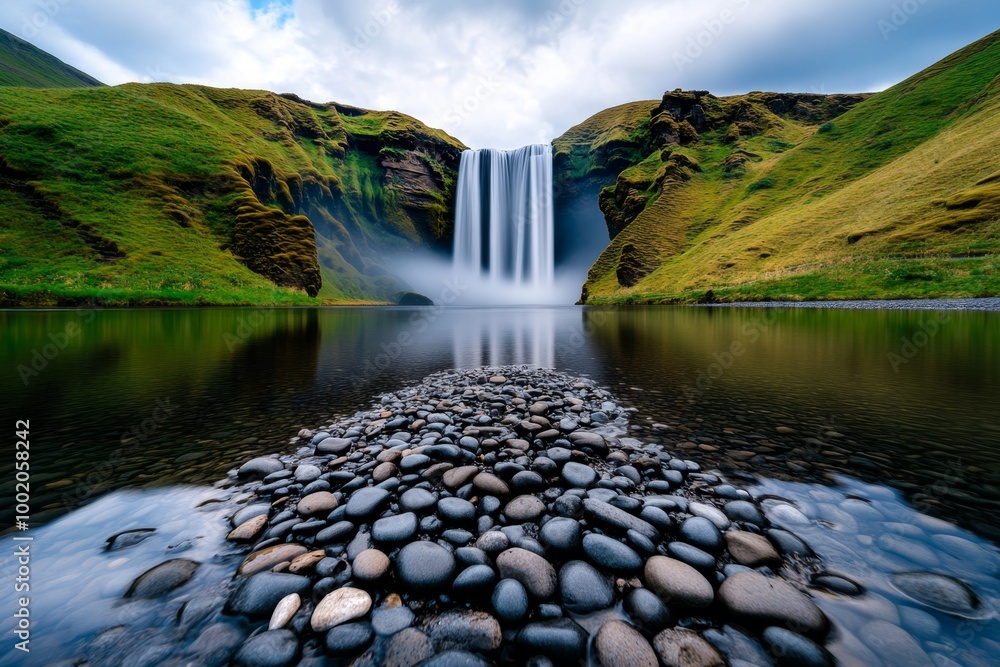 Hyper-realistic waterfall scene, with detailed water droplets, mist ...