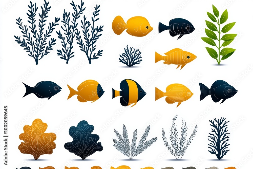 Simple outline of a coral reef ecosystem, using clean lines to ...