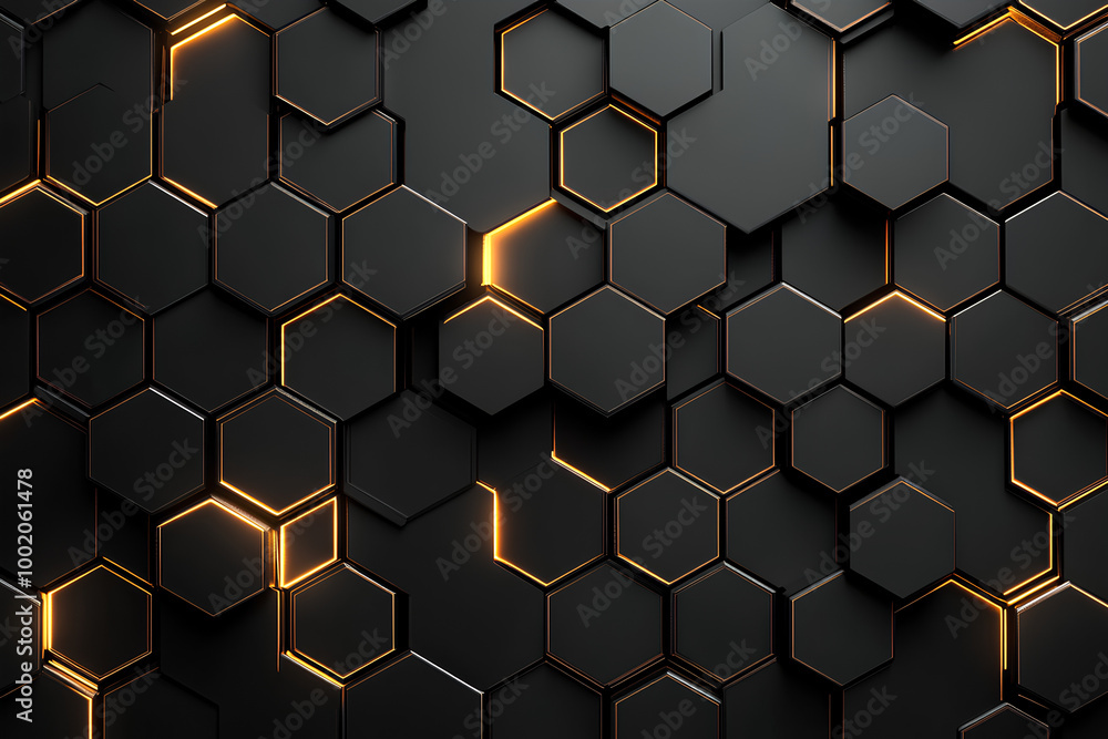 Luxury hexagonal abstract black metal background with golden light ...