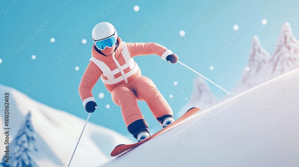 An animated skier in orange attire carving through the snow with ski ...