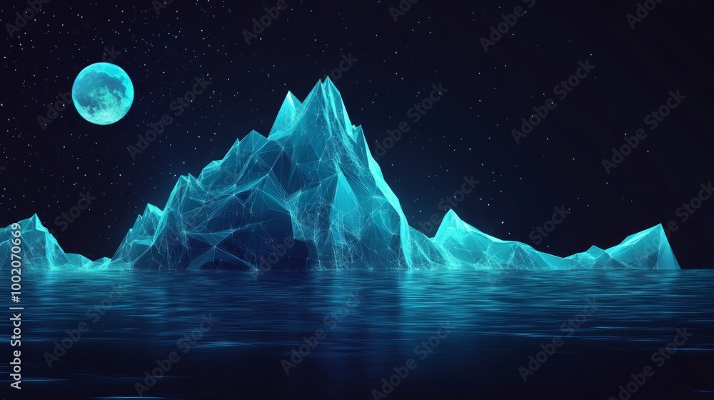 Abstract digital iceberg in a cold ocean. Light blue moon in night ...