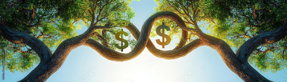 image depicts two trees intertwined, symbolizing growth and prosperity ...