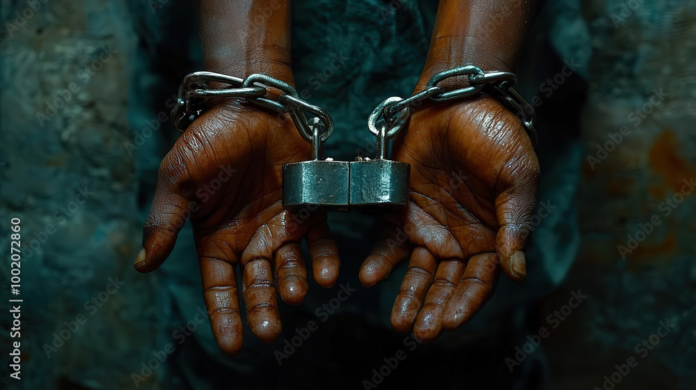 image depicts hands in handcuffs, symbolizing restraint and captivity ...