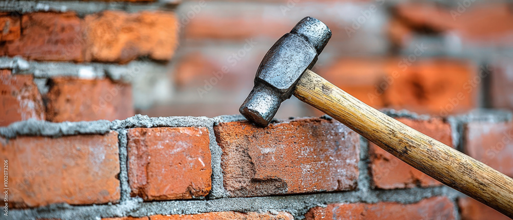 Building wall with hammer striking bricks, showcasing construction work ...