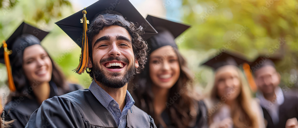 Excited graduate smiling with friends in caps and gowns, celebrating ...