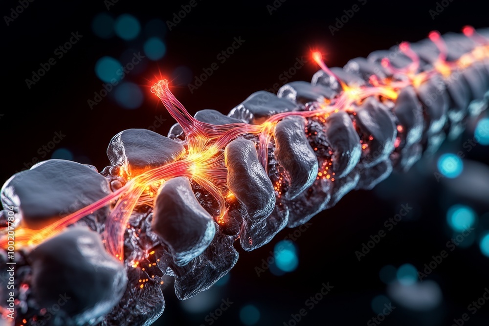 3D-rendered human spinal cord, with fully modeled vertebrae, nerves ...