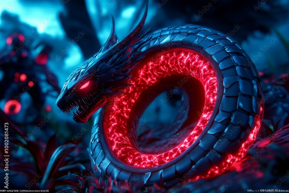 A futuristic fantasy landscape infected by glowing red malware, where ...