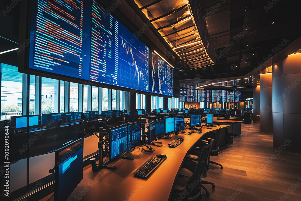 Trading Floor Equipped with Long Desks and Multiple Monitors ...